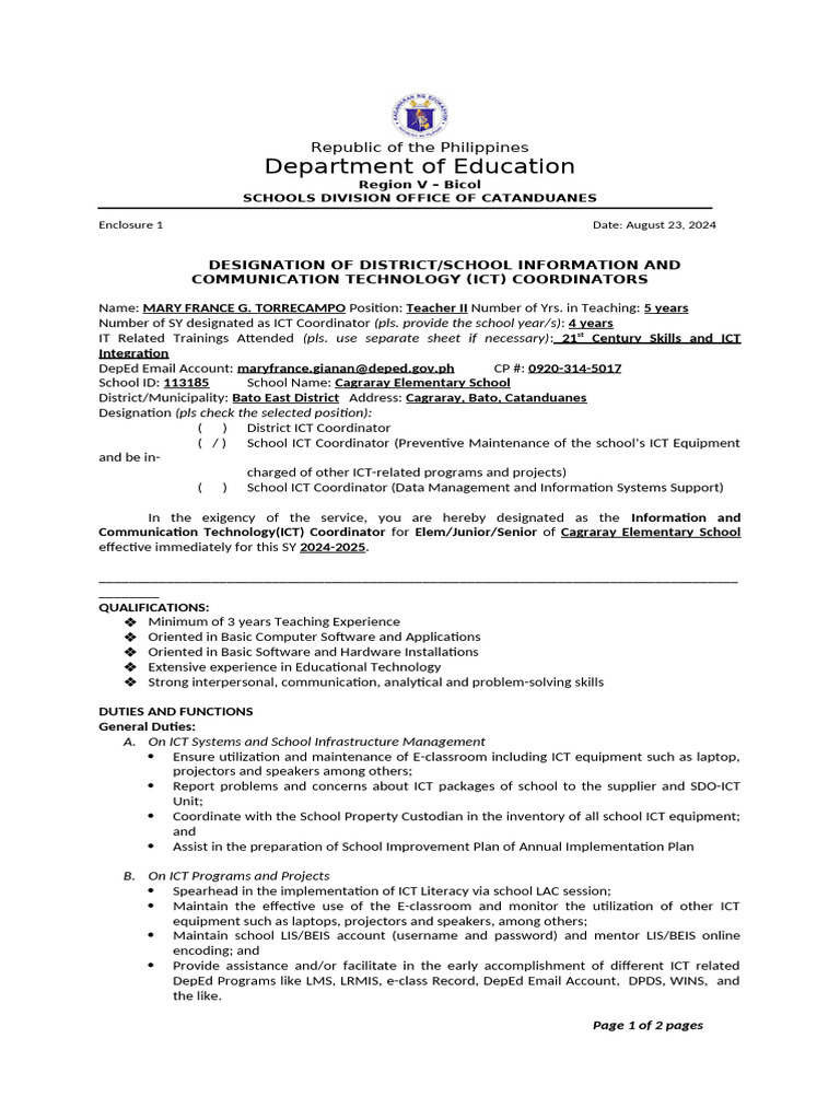 Designation Template Fo ICT Coordinator | PDF