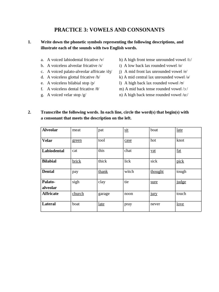 Key PRACTICE 3 Vowels and Consonants | PDF