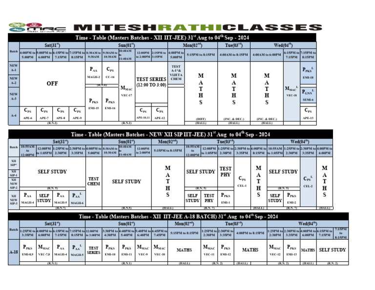 Time - Table (Masters Batches - XII IIT-JEE) 31 Aug To 04 Sep - 2024 | PDF