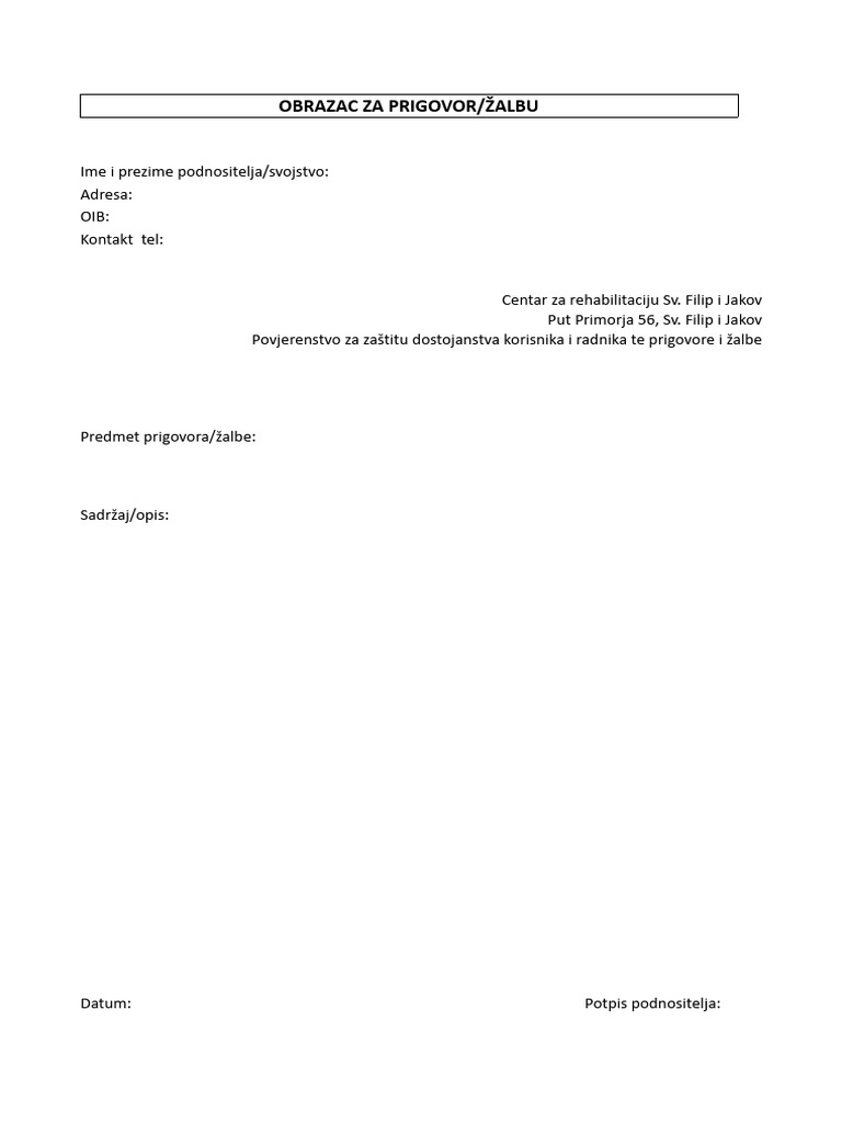 Obrazac Za Prigovore I Zalbe | PDF
