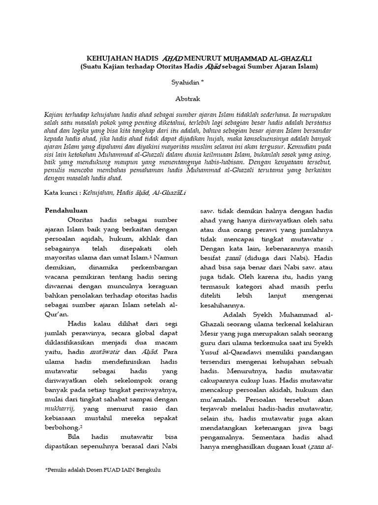 Kehujahan Hadis Ahad Menurut Muh) Ammad Al-Ghazali | PDF