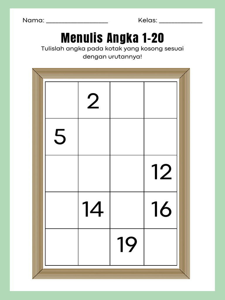 Menulis Angka 1-20 Lembar Kerja Hijau Putih Sederhana | PDF