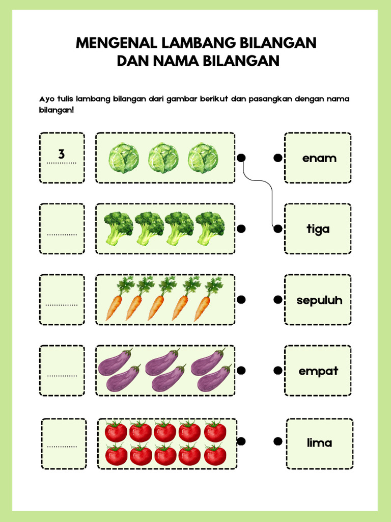 Lembar Kerja Mengenal Nama Bilangan Dan Lambang Bilangan Hijau Putih ...