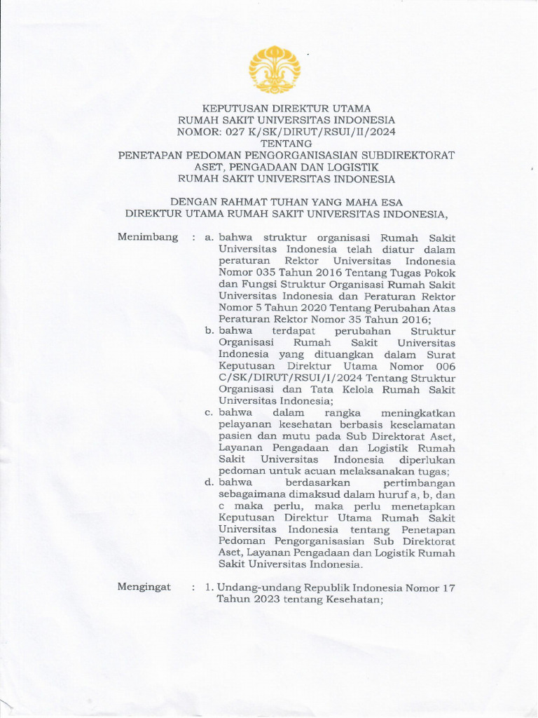 027 K - Penetapan Pedoman Pengorganisasian Sub Direktorat Aset, Layanan Pengadaan Dan Logistik ...