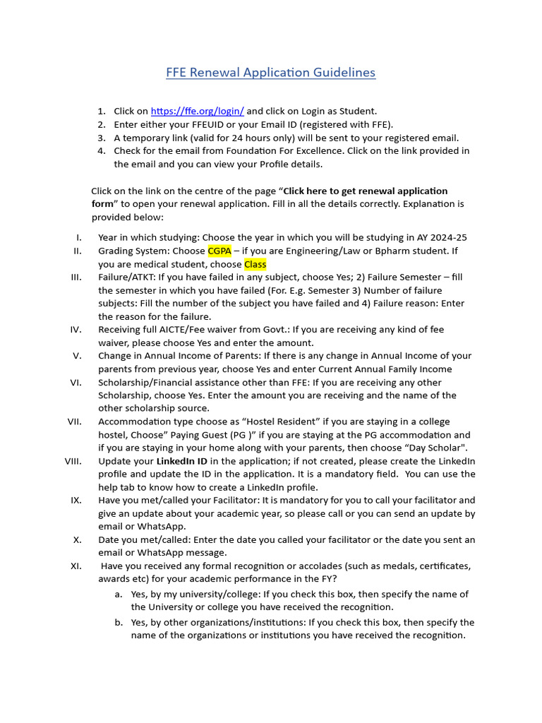 FFE Renewal Application Guidelines With FAQ-2 - 2024-25 | PDF