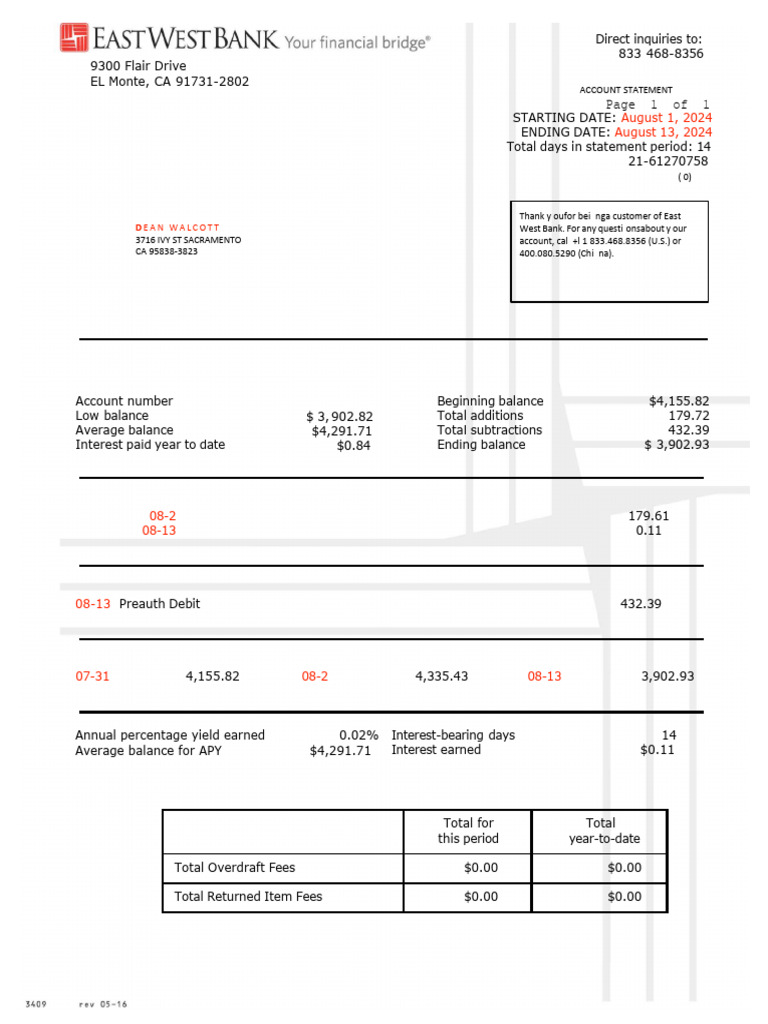 DDEAN WALCOTT East West Bank Statement | PDF