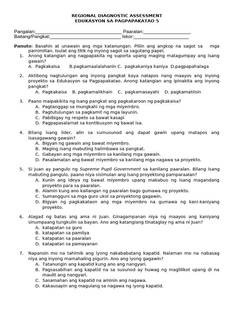 Diagnostic Assessment ESP Grade 5 | PDF