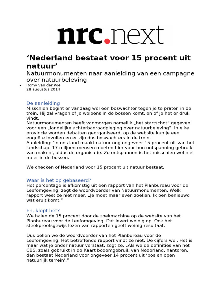 NRC Next Nederland Bestaat Voor 15 Procent Uit Natuur | PDF