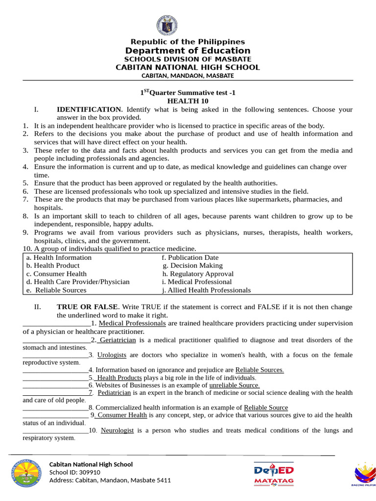 Summative test 1-Health 1st Q | PDF