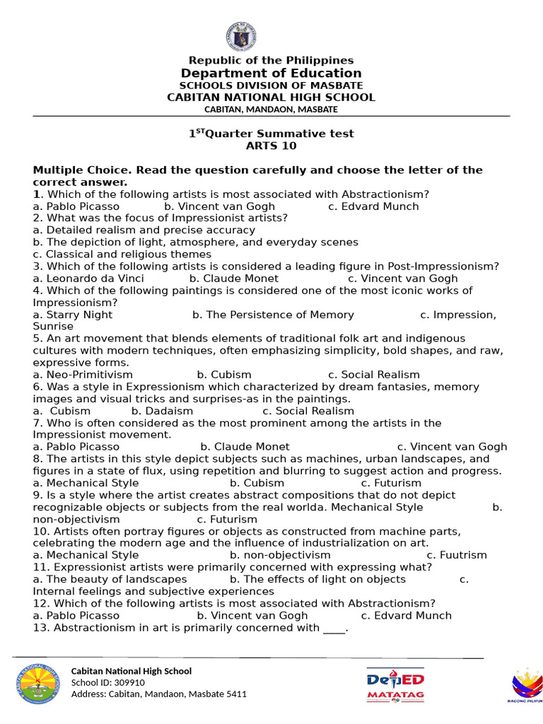 Summative Test 1 - Arts 10 | PDF | Abstract Art | Impressionism