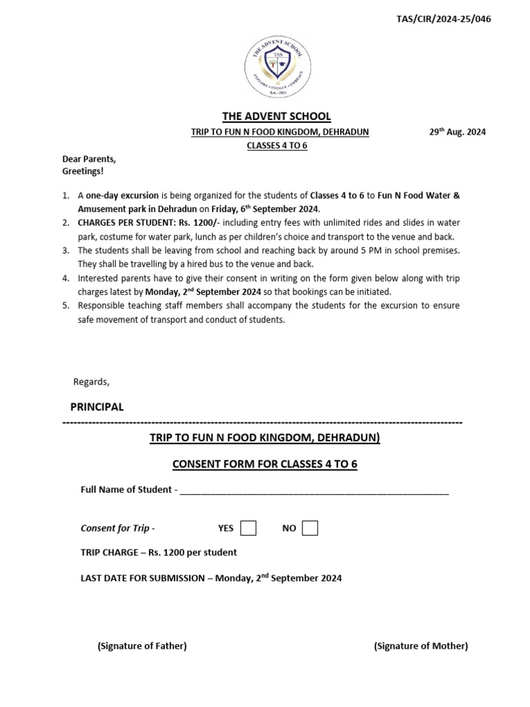 Consent Form-Trip To Fun N Food Kingdom-Classes 4 To 6 | PDF