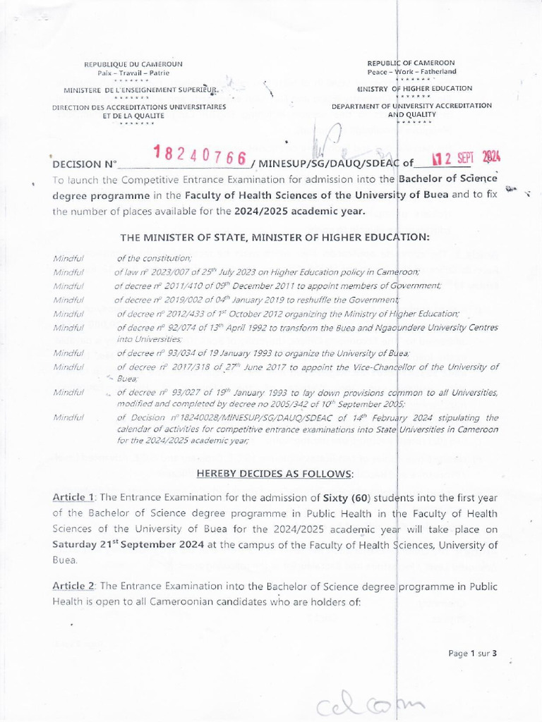 Fhs Buea (Public Health) 2024 | PDF