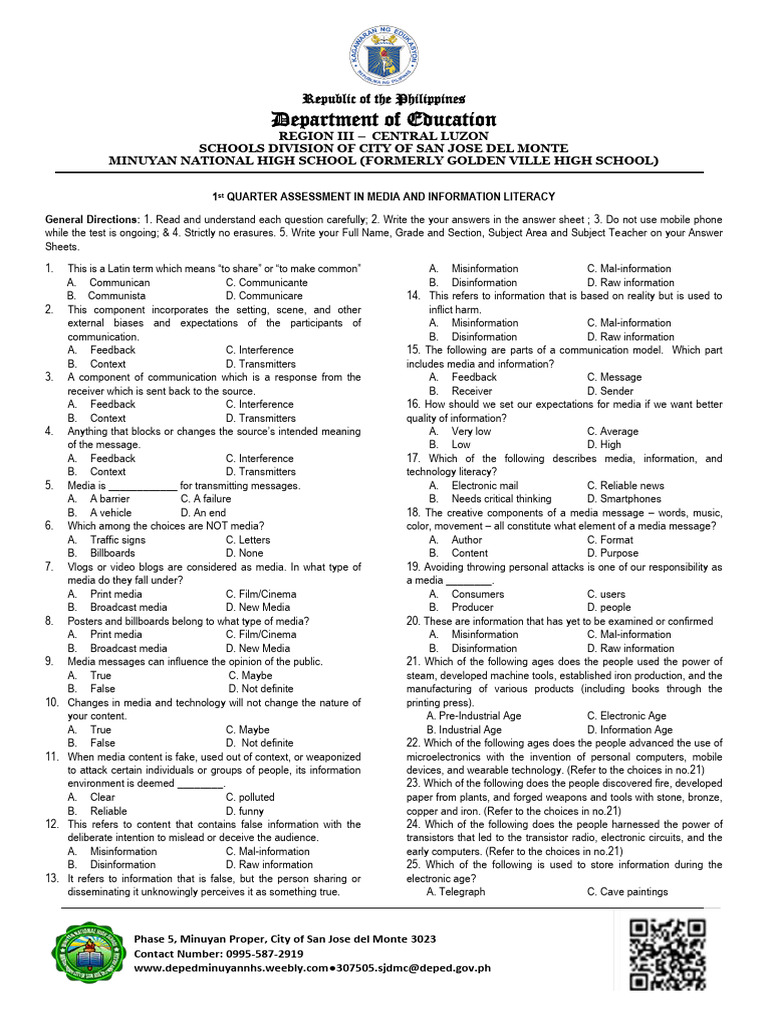 1st QUARTER ASSESSMENT-Q1 IN-MIL - 2022-2023 | PDF