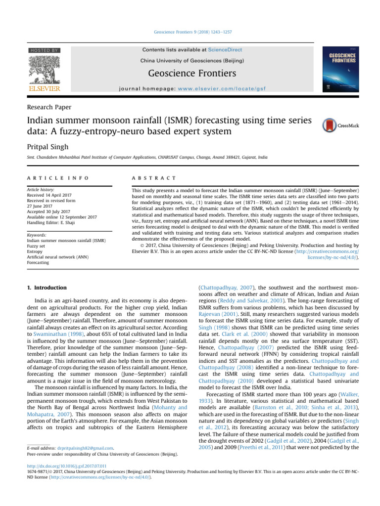 Indian Summer Monsoon Rainfall ISMR Forecasting Using Time 2018 Geoscience | PDF