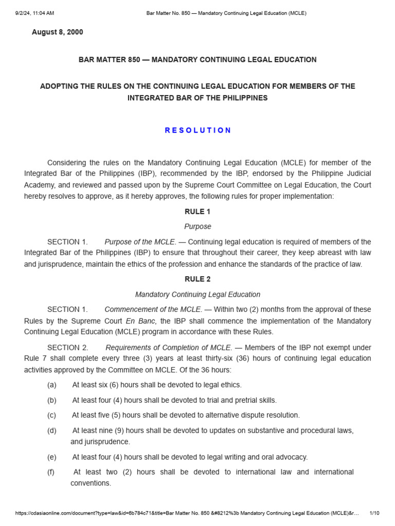 Bar Matter No. 850 - Mandatory Continuing Legal Education (MCLE) | PDF ...