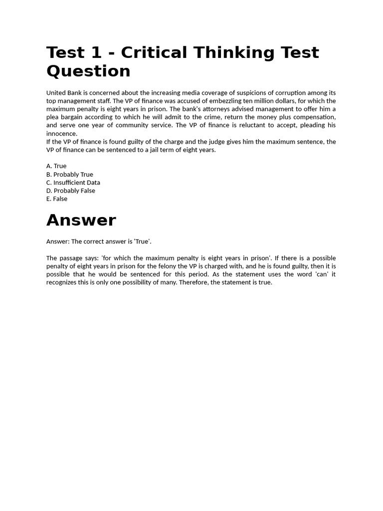 Test 1 - Critical Thinking Test | PDF