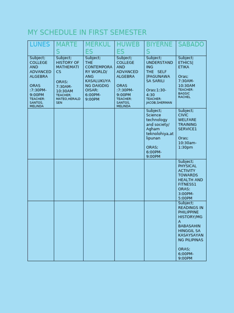 My Schedule in First Semester | PDF