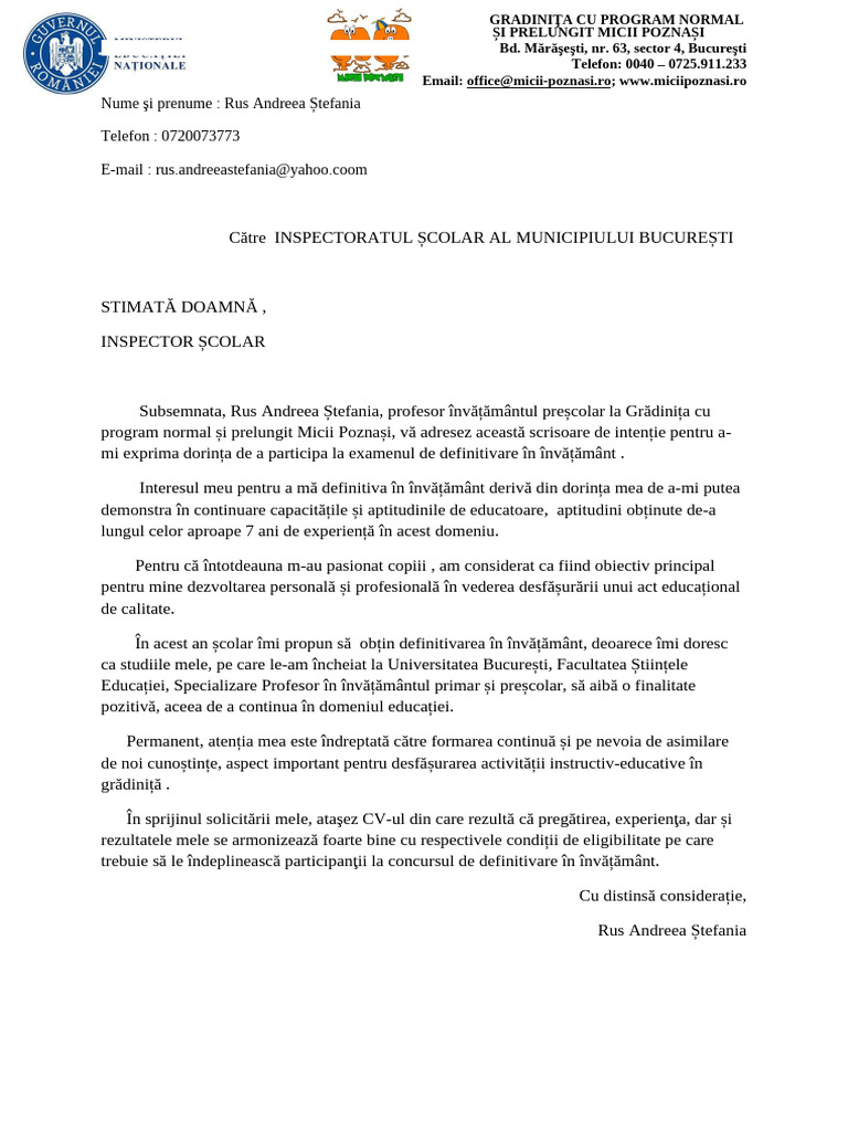 Scrisoare de Intentie Definitivat | PDF