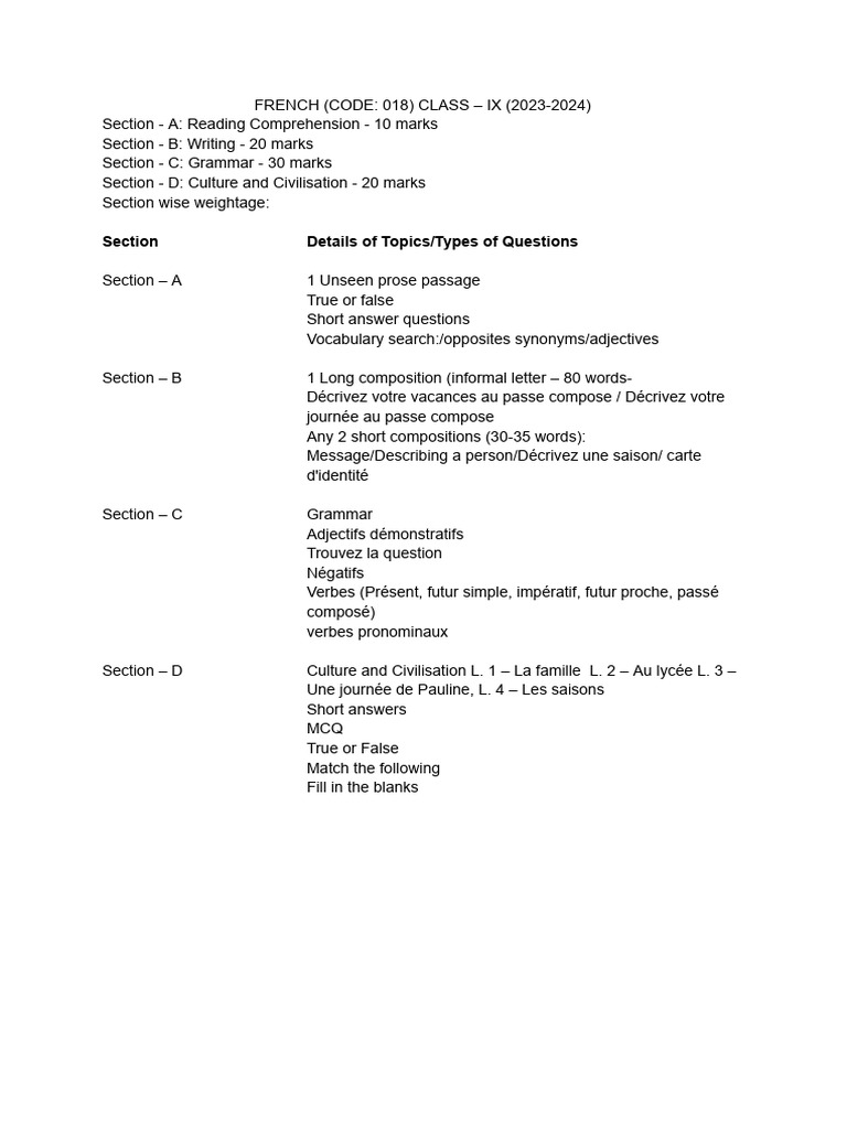 French Class - Ix (2023-2024) | PDF