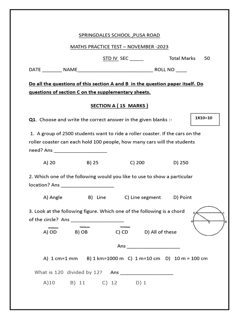 STD4 Maths Practice Test Nov - 23 | PDF