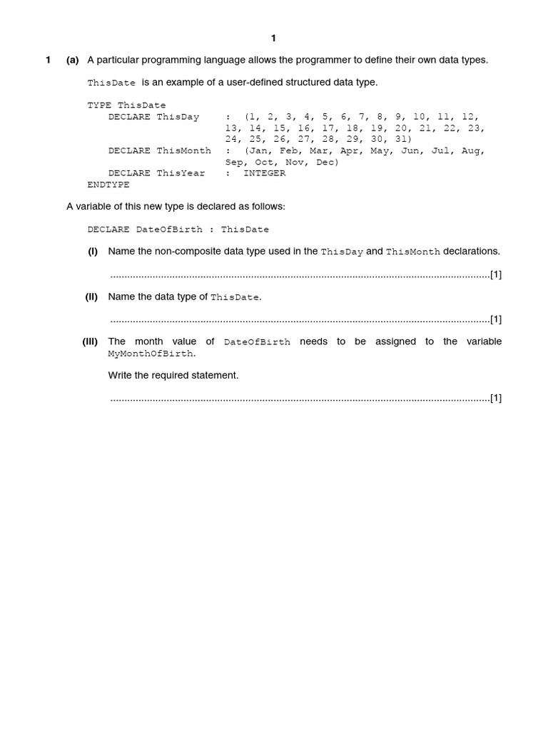 User-Defined Data Types & File Organisation Worksheet | PDF | Data Type | Pointer (Computer ...