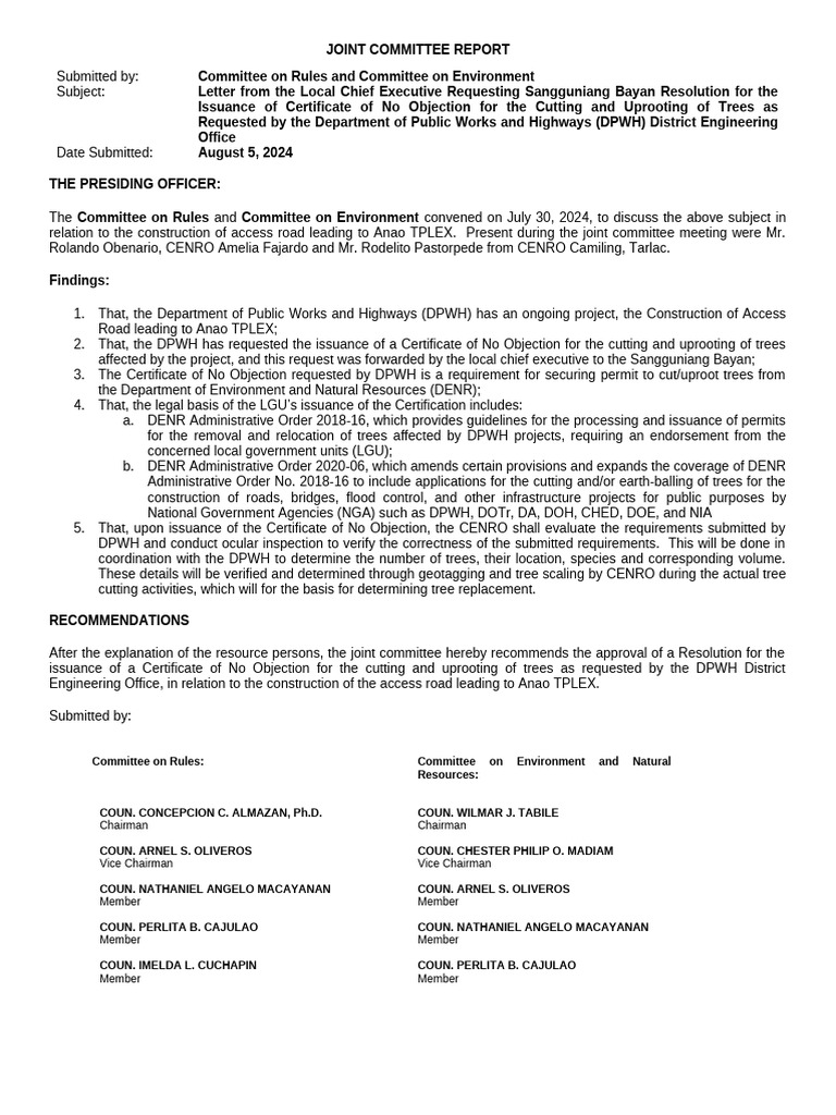 Joint Committee Report - Issuance of Certificate of No Objection | PDF
