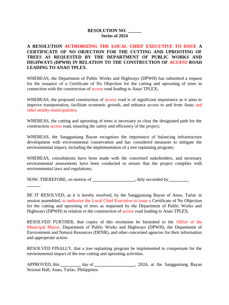 Sb Resolution Dpwh Certificate Of No Objection Pdf