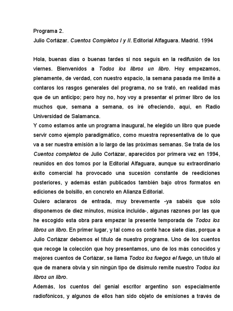 Programa 2 Julio Cortázar. Cuentos Completos | PDF | Cuentos | Publicación