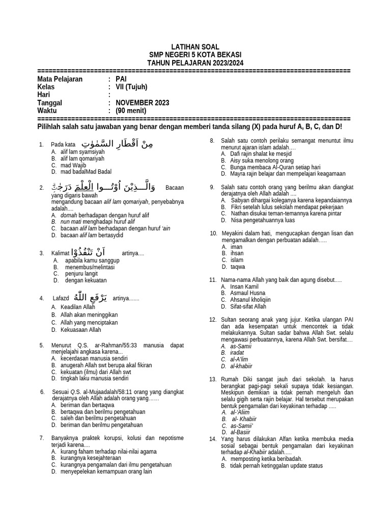 Soal Pas Pai Kls 7-1 | PDF
