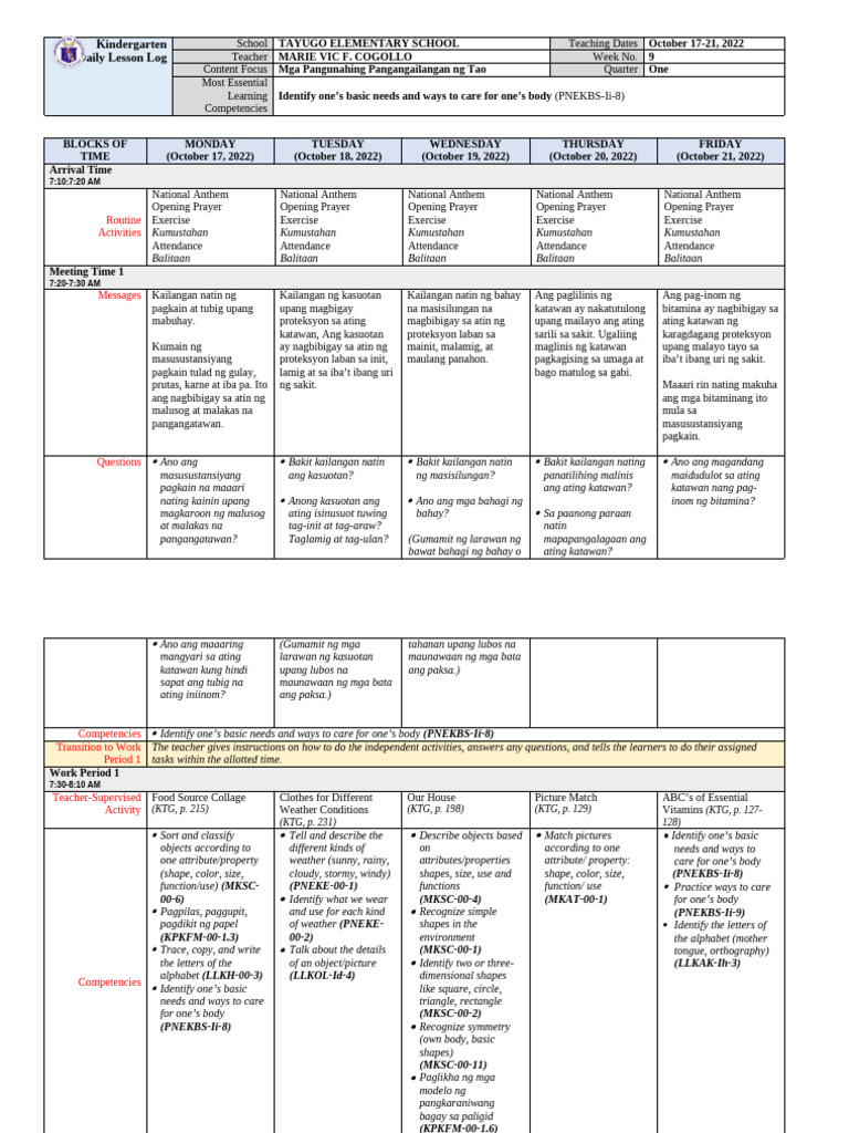 DLL - Kinder W - 9 | PDF
