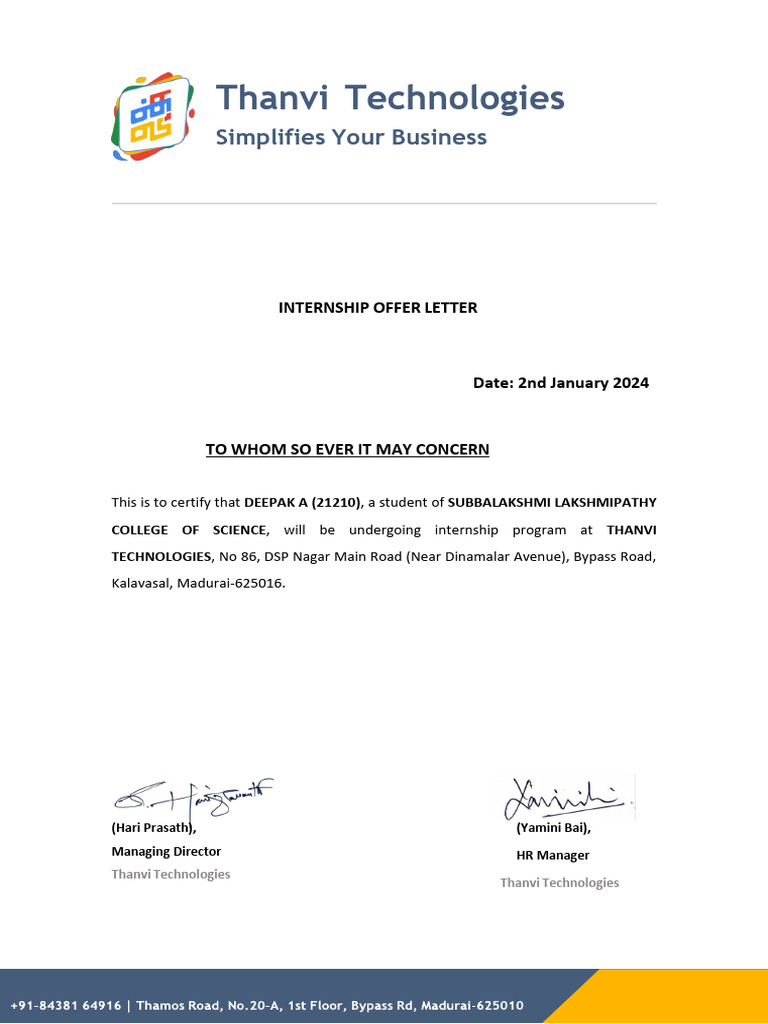 Deepak Internship Offer Letter | PDF