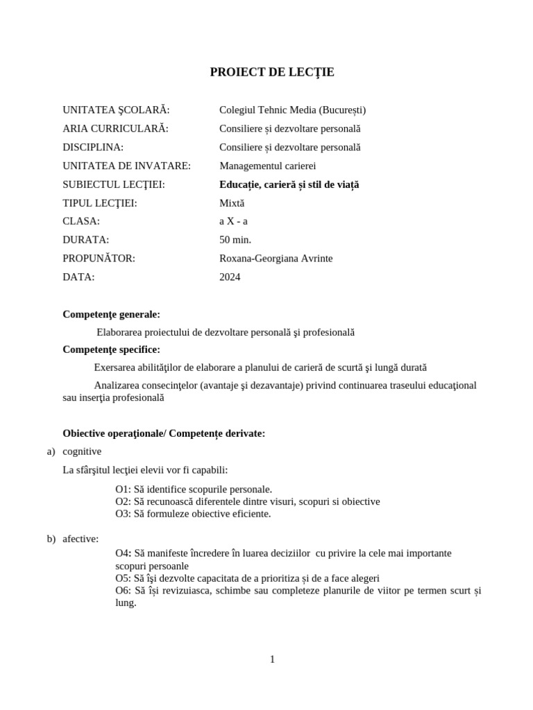 DPPD Proiect de Lecţie-Cariera Stil de Viata | PDF
