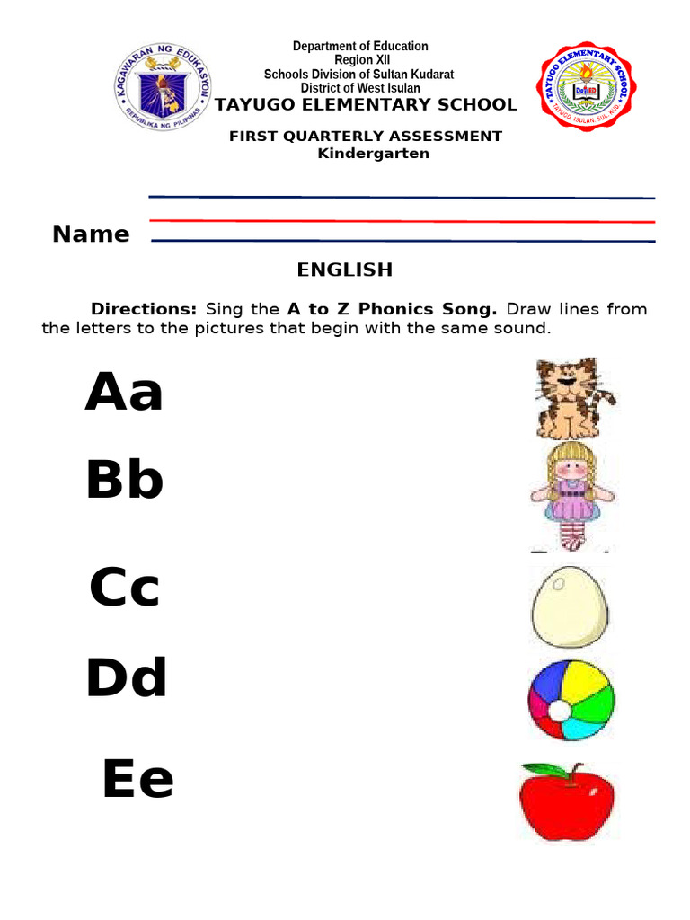 KINDERGARTEN 1st Quarterly Assessment 2022 | PDF