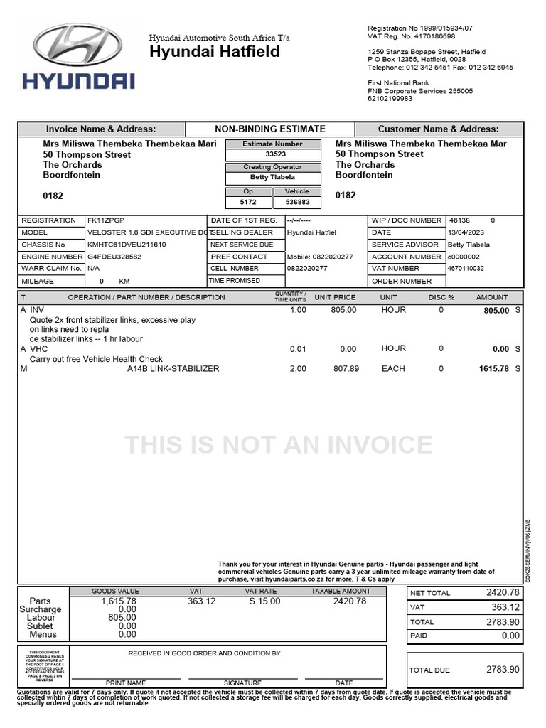 This Is Not An Invoice: Hyundai Hatfield | PDF
