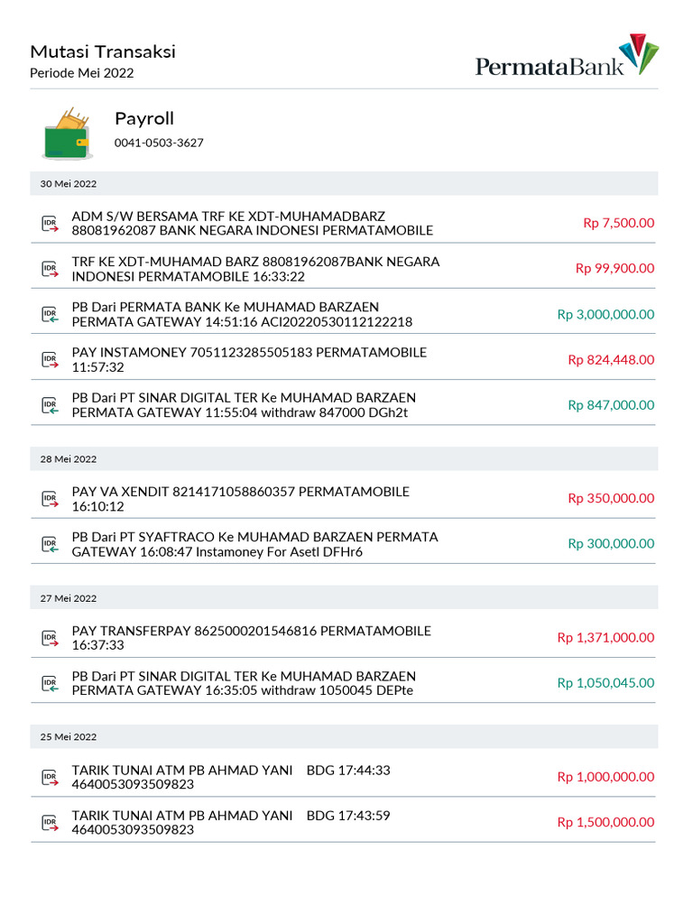Mutasi Transaksi - Payroll3627 - 3052022163358 | PDF