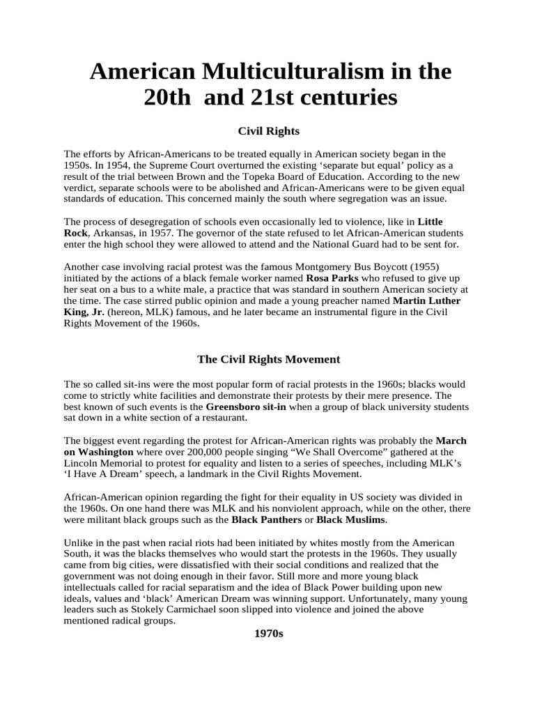 American Multiculturalism in The 20th and 21st Centuries | PDF