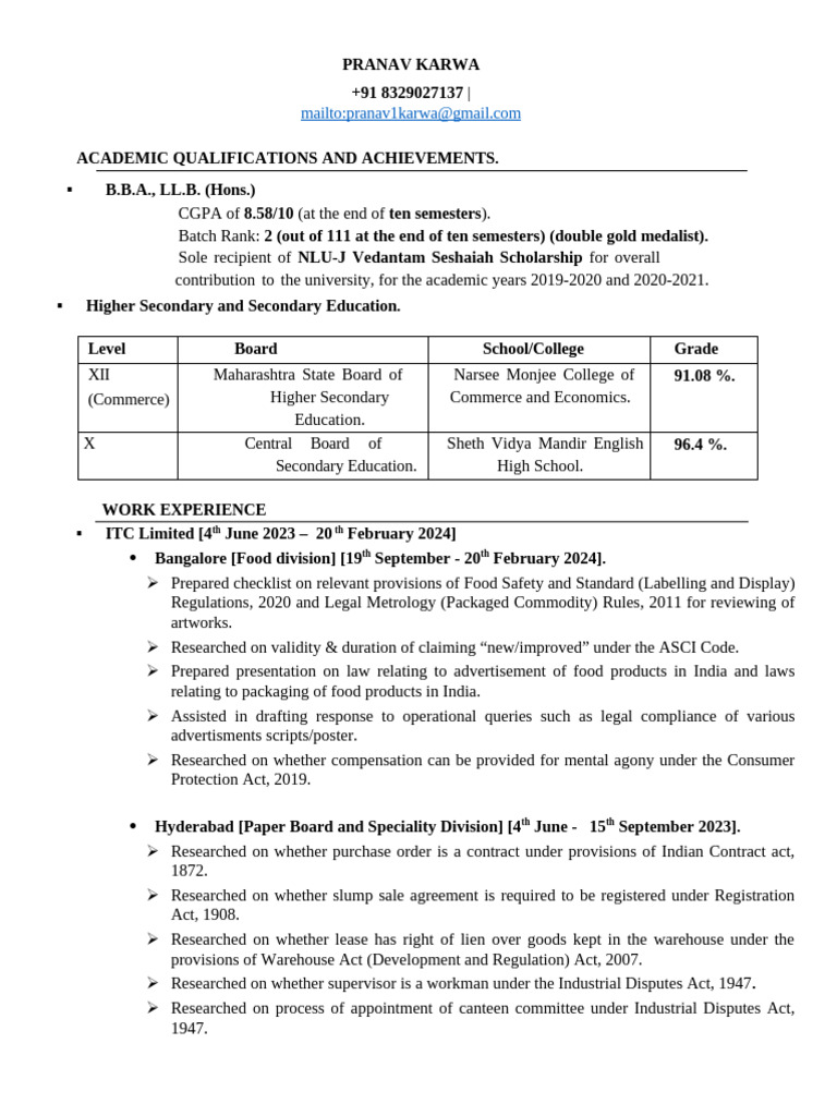 Pranav Karwa Updated CV | PDF
