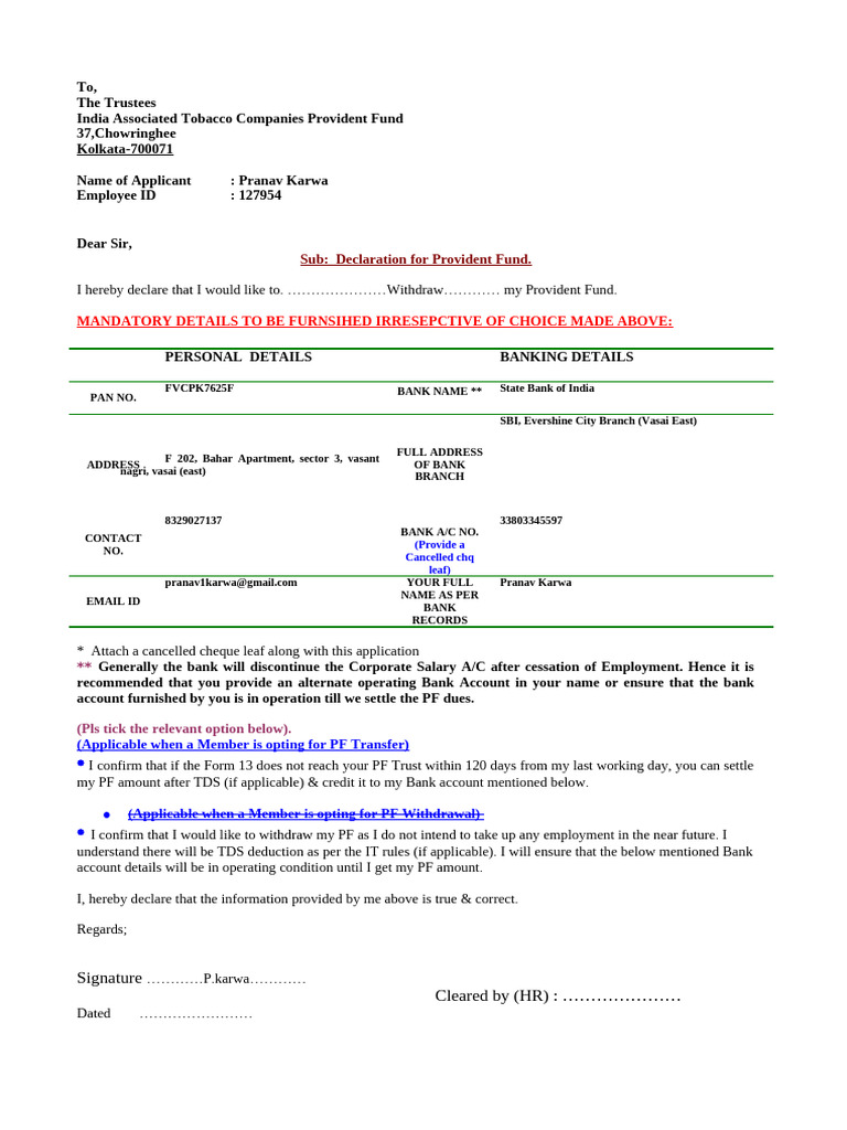 PF declaration Form | PDF