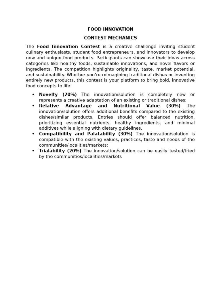 Food Innovation Contest Mechanics | PDF