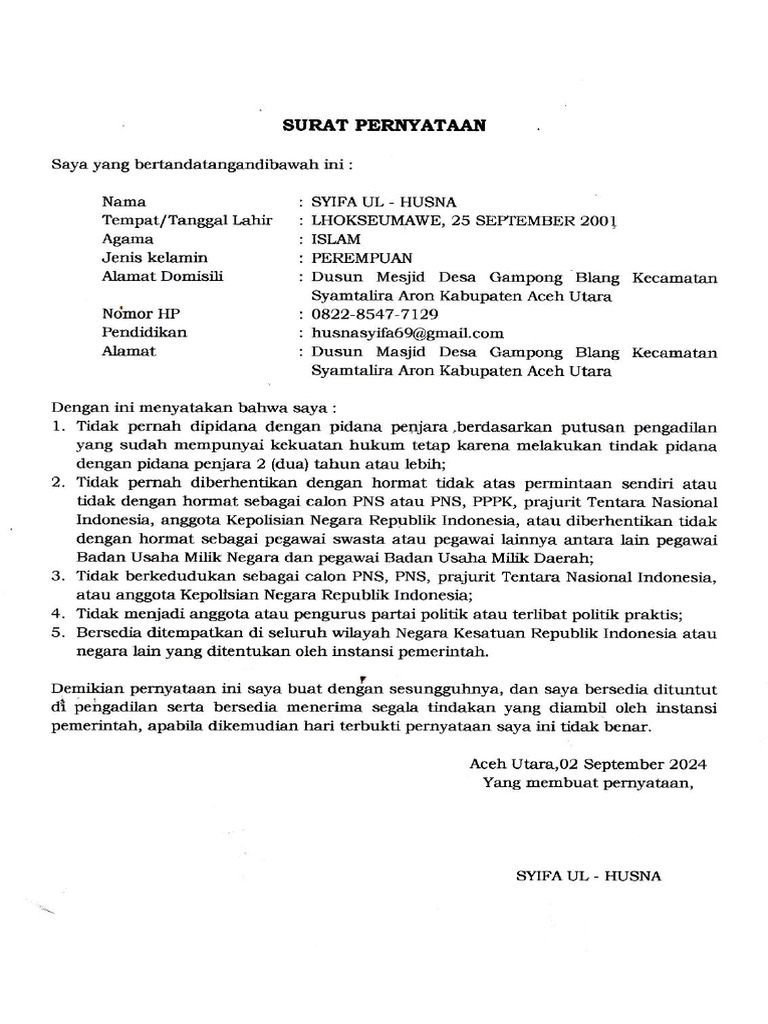 Surat Pernyataan Syifa | PDF