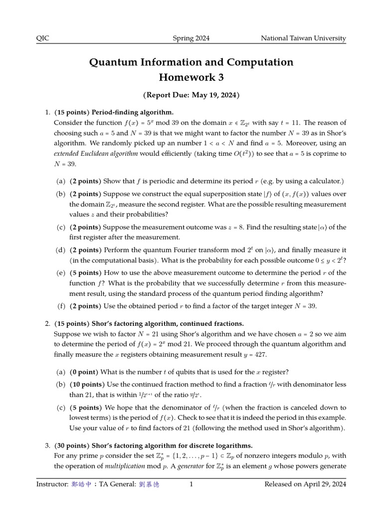 Quantum Information and Computation Homework 3: F X X T A N N A N A O T A N F R F X, F X | PDF
