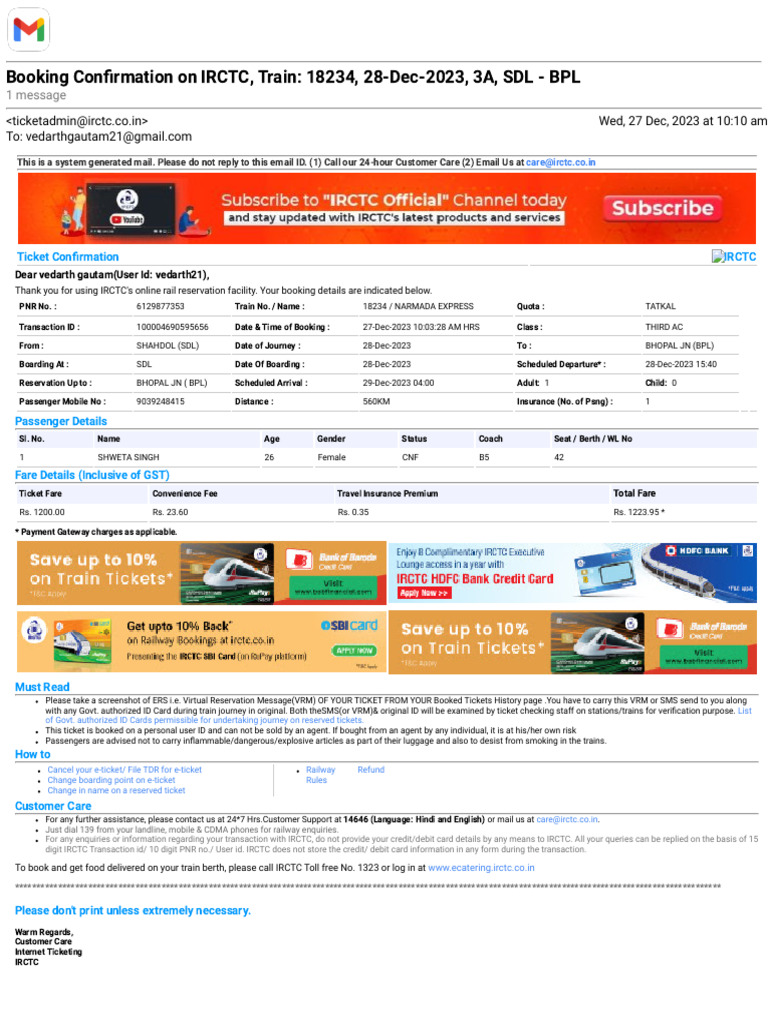 Gmail - Booking Confirmation On IRCTC, Train - 18234, 28-Dec-2023, 3A ...