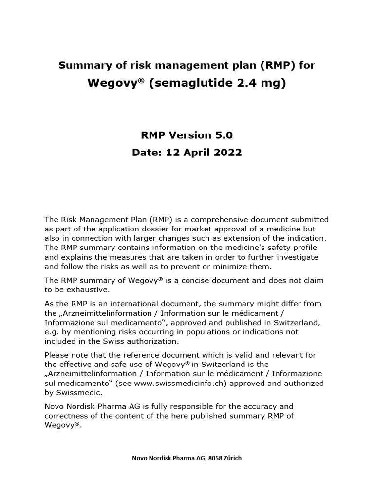 Semaglutide - Wegovy - RMP - Summary 2 | PDF