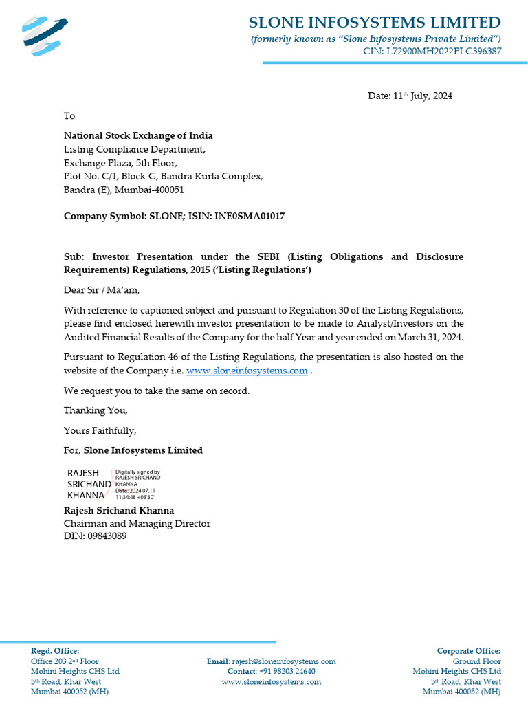 Slone Infosystems Investor Presentation 2024 | PDF | Equity (Finance ...