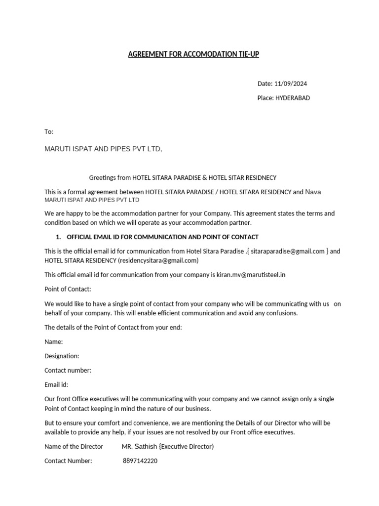 AGREEMENT FOR ACCOMODATION TIE-UP | PDF