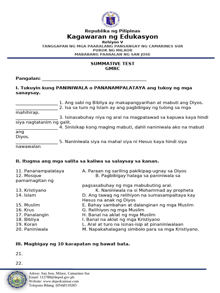 Summative Test - GMRC | PDF