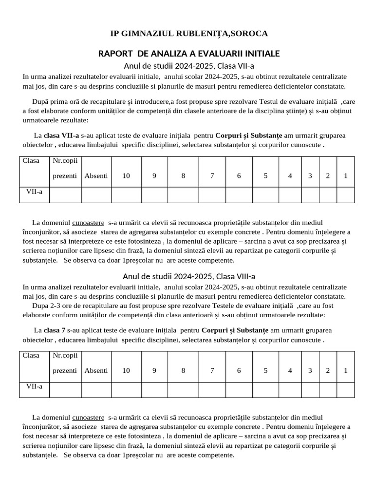 Raport de Analiza A Evaluarii Initiale 2014 | PDF
