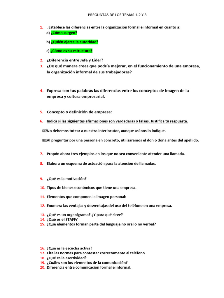 Posibles Preguntas para Control de Examen de Fol, Temas 1, 2 y 3 Del Libro Con Respuestas 2023 | PDF