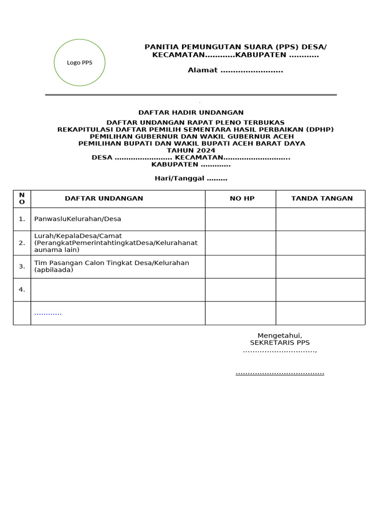 01 Draft Daftar Hadir PPS - PPK | PDF