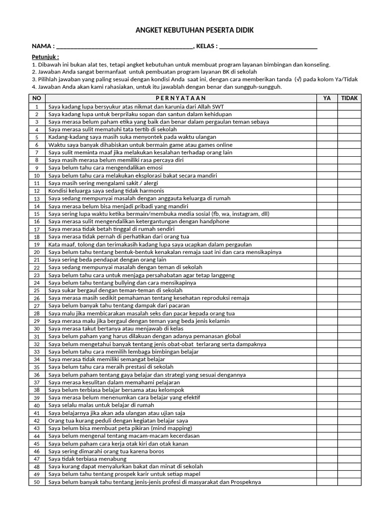 Angket Kebutuhan Peserta Didik SMP 6.2 BK | PDF